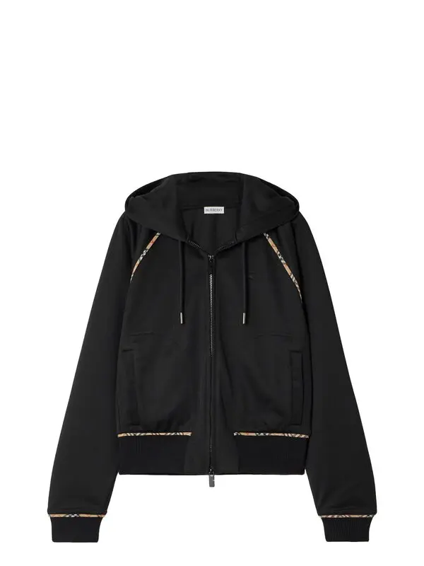 Burberry Checked Piqué-trimmed Jersey Hooded Track Jacket - Black