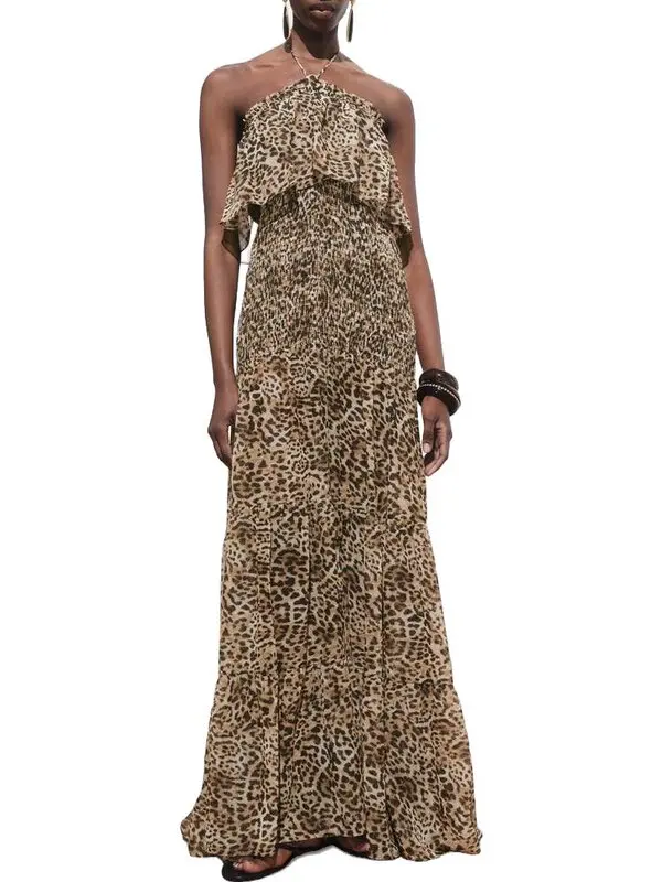 Mango Leopard Print Halter Maxi Dress - Brown