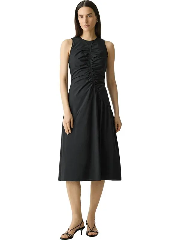 Theory Ruched Asymmetrical Midi Dress In Cotton-blend - Black