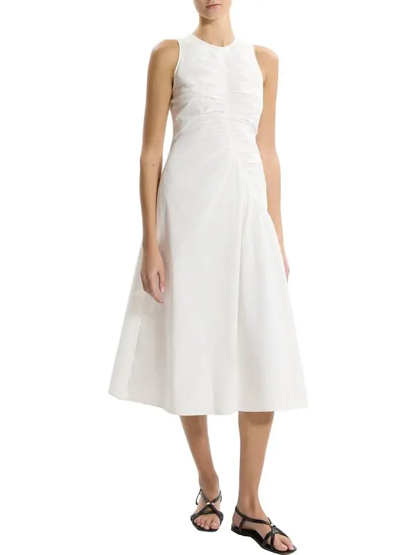 Theory Ruched Asymmetrical Midi Dress In Cotton-blend - White