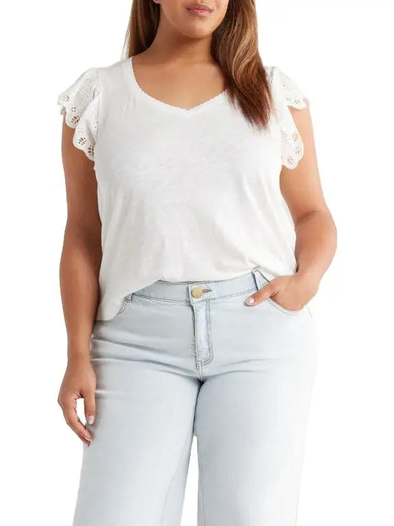 Wit & Wisdom Eyelet Flutter Sleeve V-neck T-shirt - White