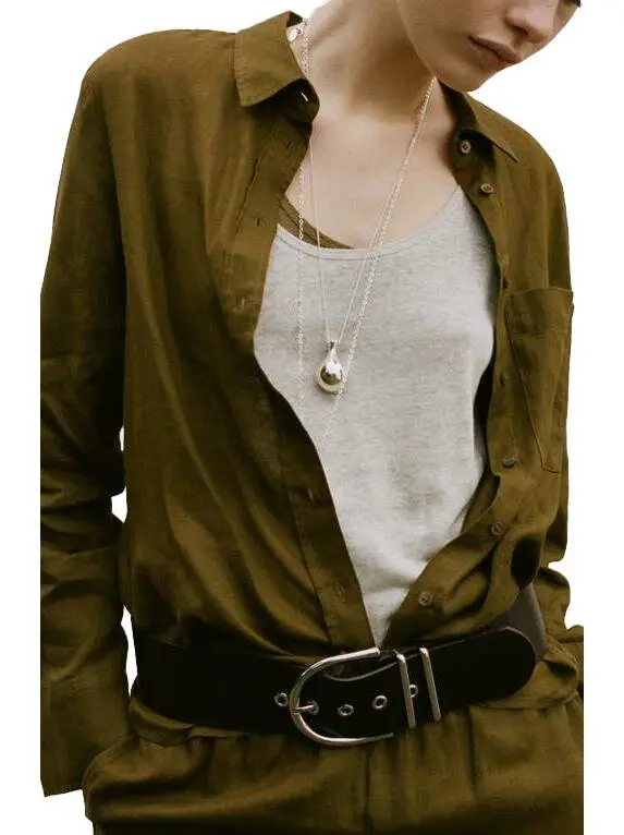 Mango Linen Button-up Shirt - Dark Green