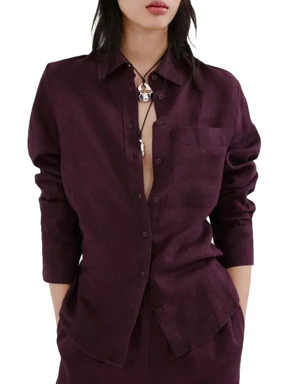 Mango Linen Button-up Shirt - Plum
