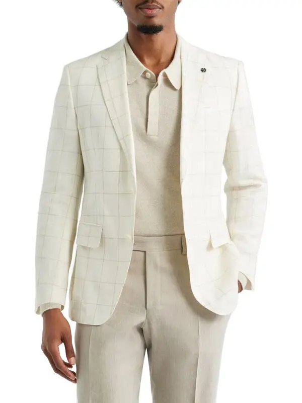 BOSS Hutson Slim Fit Windowpane Check Linen Blend Sport Coat - Open White
