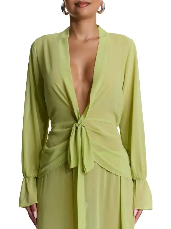 Naked Wardrobe Plunge Tie-front Chiffon Top - Chartreuse