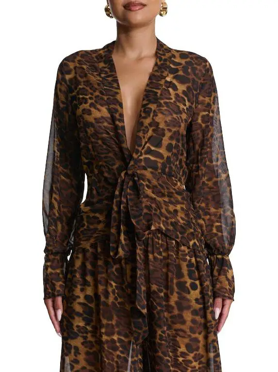 Naked Wardrobe Plunge Tie-front Chiffon Top - Leopard