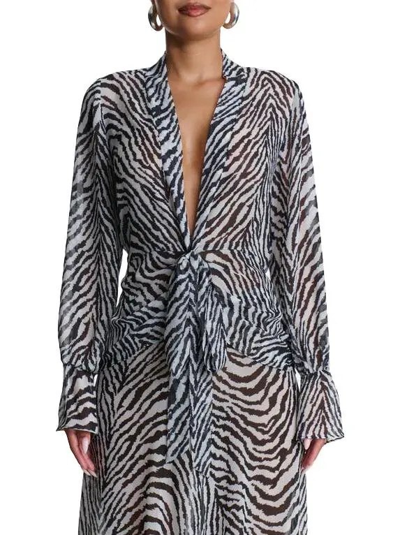 Naked Wardrobe Plunge Tie-front Chiffon Top - Zebra White/black