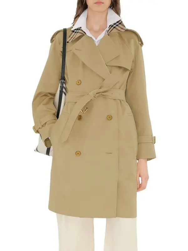 Burberry Castleford Shower-resistant Cotton Gabardine Short Trench Coat With Check Collar - Hamper
