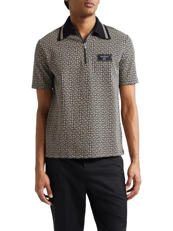 Balmain Couture Label Monogram Jacquard Half Zip Polo - Gfe Ivory/black