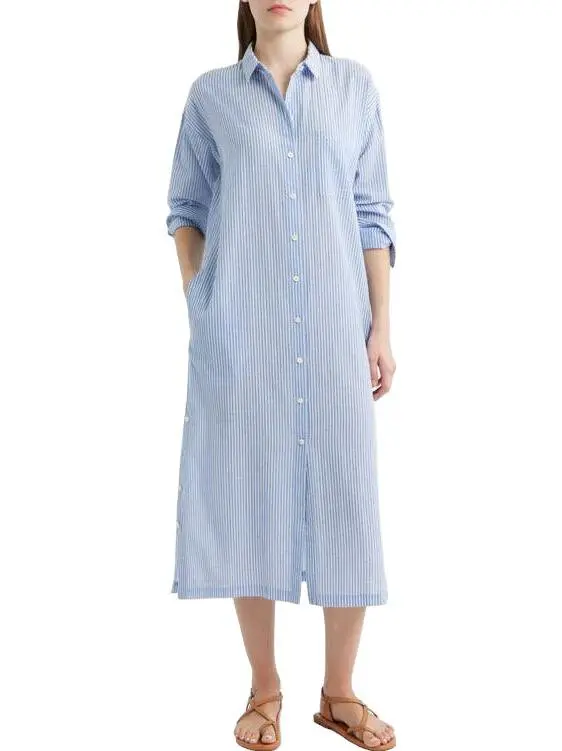 ALEX MILL Kerry Stripe Long Sleeve Cotton Seersucker Midi Shirtdress - Blue/white