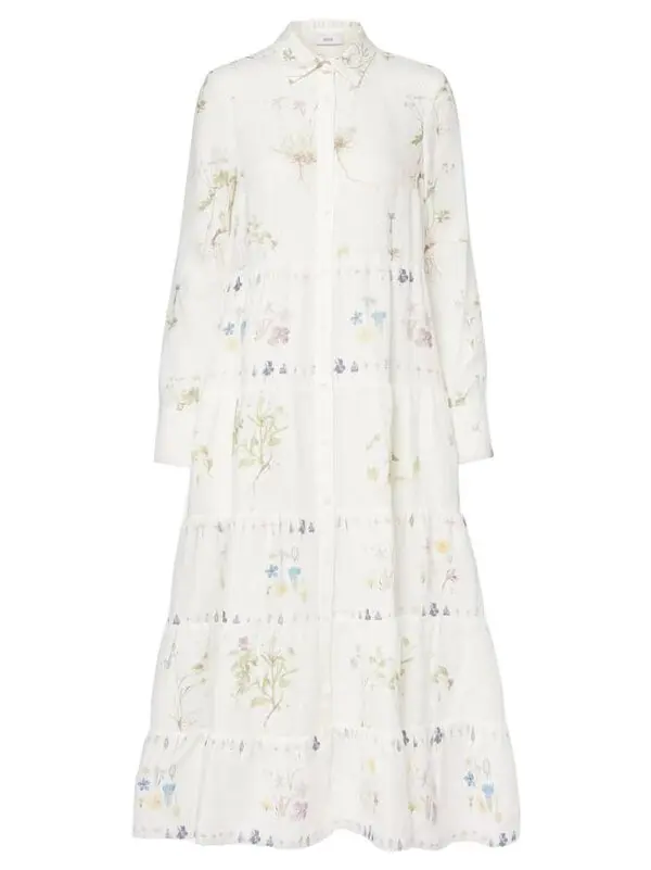 Erdem Floral Printed Tiered Linen Shirtdress - White
