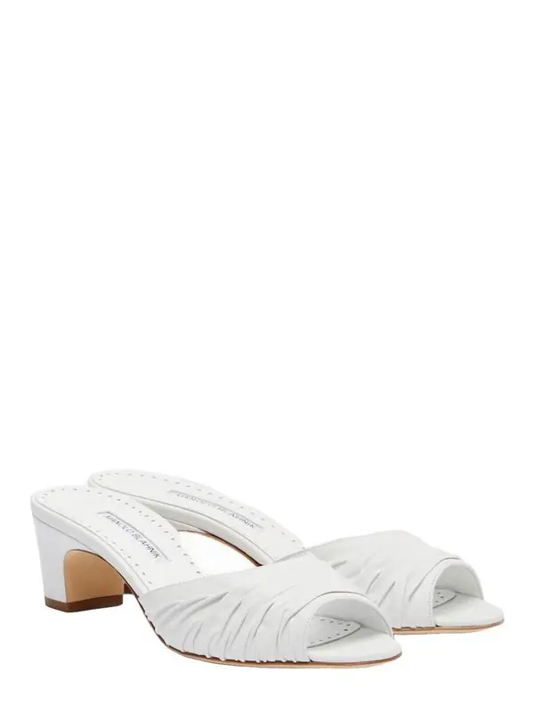 Manolo Blahnik Piruabar 50 Ruched Leather Mules - White