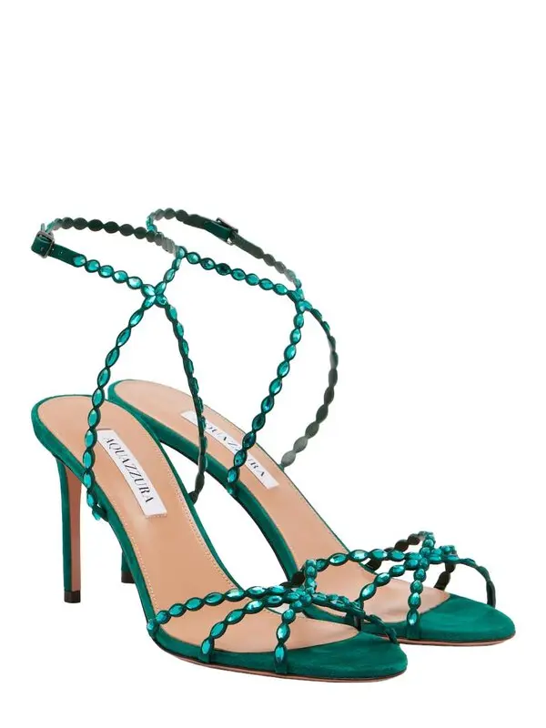 AQUAZZURA Love Struck Embellished Leather Sandals - Green