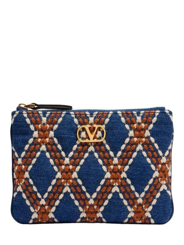 Valentino Garavani Quiltie 67 Embroidered Denim Pouch - Blue
