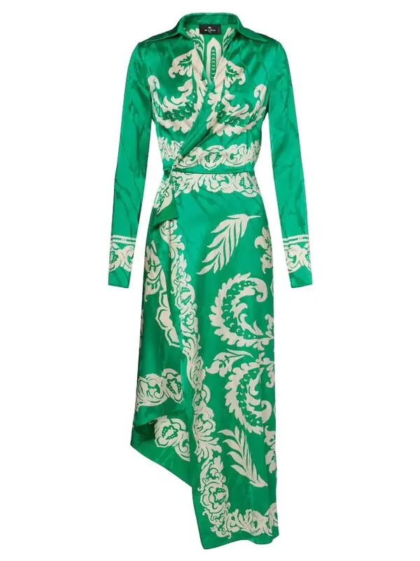 Etro Printed Satin Wrap Dress - Green