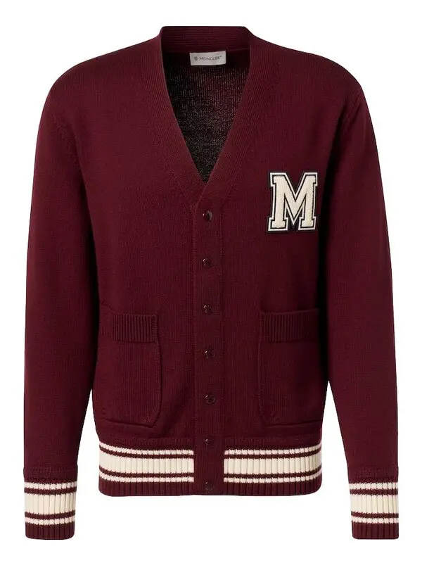 Moncler Patch-appliqué Wool Cardigan - Burgundy