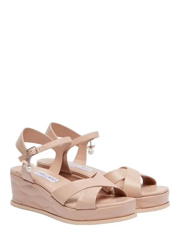 JIMMY CHOO Astra 60 Leather Wedge Sandals - Pink