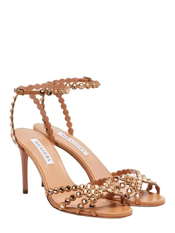 AQUAZZURA Tequila Embellished Leather Sandals - Brown