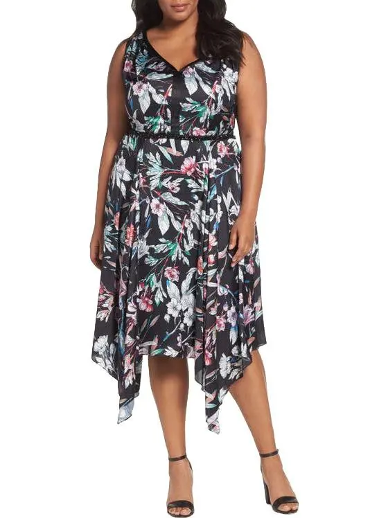 Adrianna Papell Printed Satin Chiffon Handkerchief Dress - Black Multi