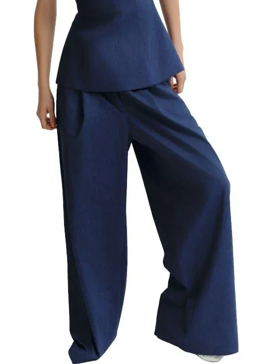DE LORETA High-waist Wide-leg Cotton Pants - Navy Denim