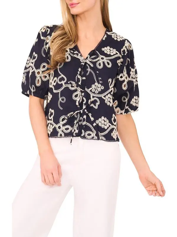 CECE DUPRAZ Embroidered Puff Sleeve Cotton Top - Night Shade