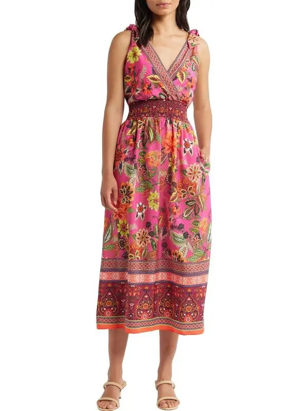 Eliza J Smocked Waist Midi Sundress - Pink Multi