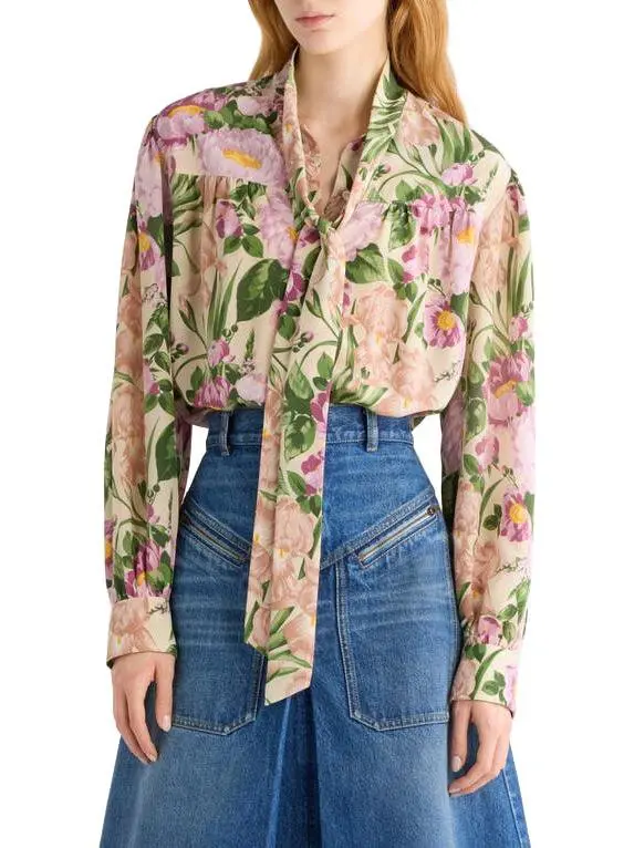 Chloé Floral Print Silk Charmeuse Top - Macadamia Brown