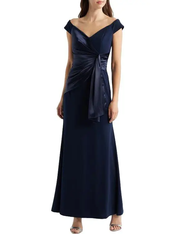 Eliza J Off-the-shoulder Mixed Media Gown - Navy