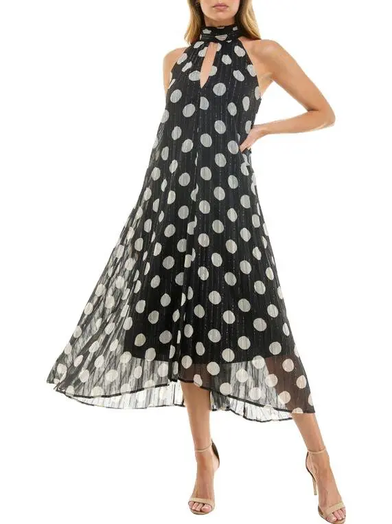 SOCIALITE Metallic Pleated Chiffon Midi Dress - Black/ Ivory Dot