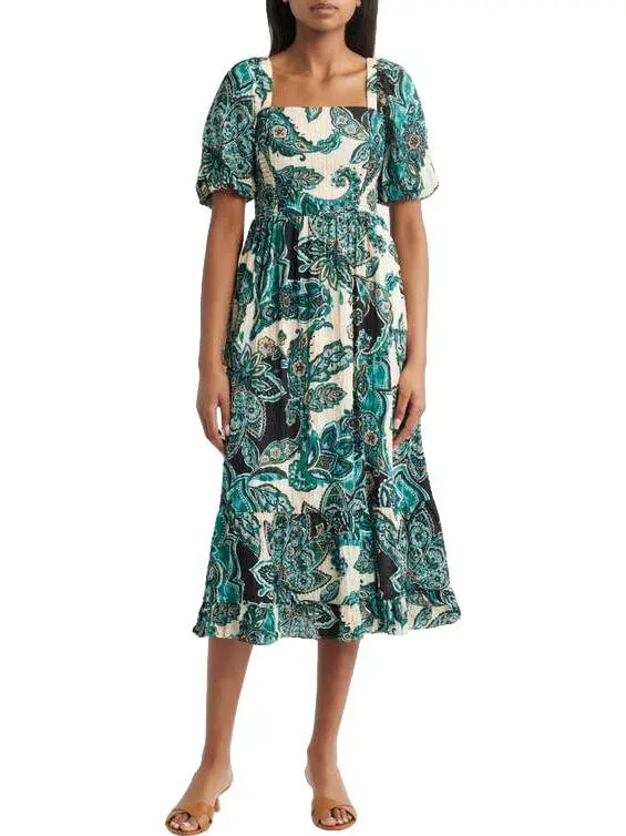 Vince Camuto Paisley Print Puff Sleeve Midi Dress - Teal