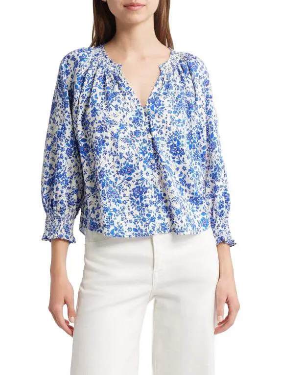 Rails Mariah Floral Smocked Button-up Peasant Top - Blue Marguerite