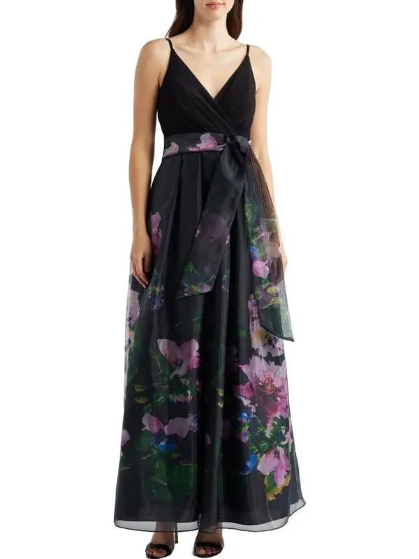 Eliza J Floral Mixed Media Gown - Black Multi