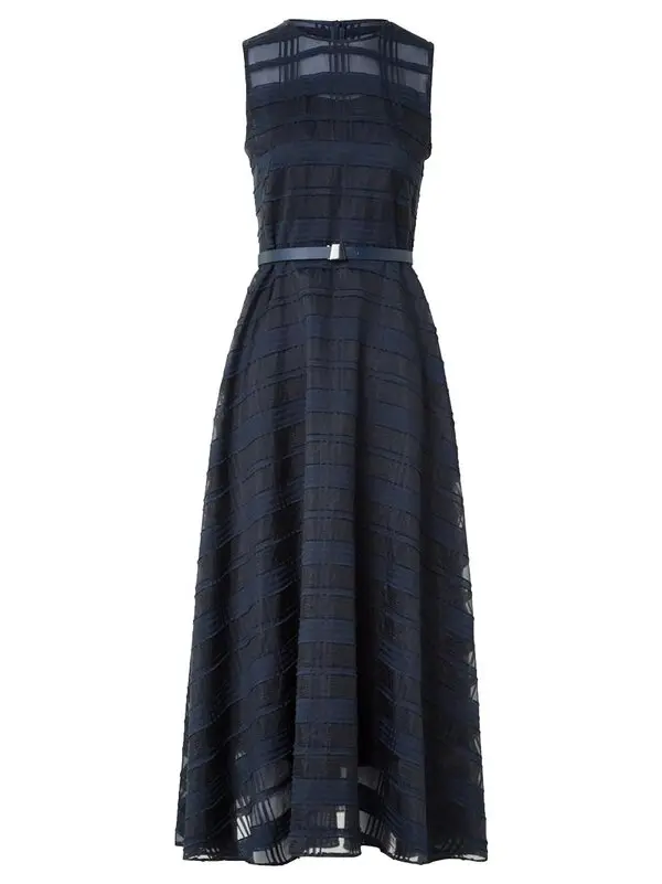 Akris Organdy Plaid A-line Midi Dress - Navy Blue