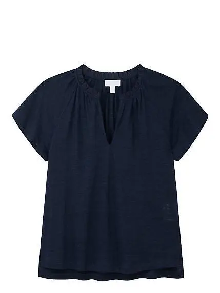 THE WHITE COMPANY Frill-trim Short-sleeve Linen-jersey Blouse - Ink