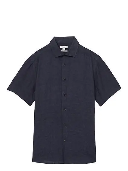 REISS Holiday Square-collar Short-sleeve Linen Shirt - Navy