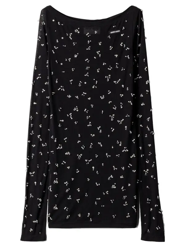 Miu Miu Embroidered Ribbed Knit Jersey Dress - Black