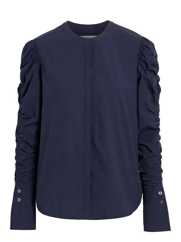 Another Tomorrow Shirred Cotton-poplin Blouse - Navy