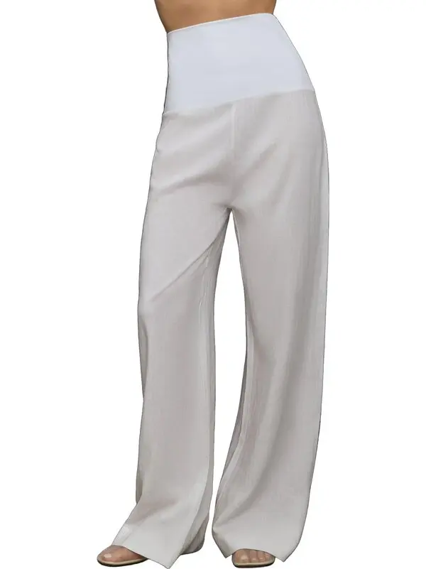 Carbon38 Fold Waist Linen Wide Leg Pants - White