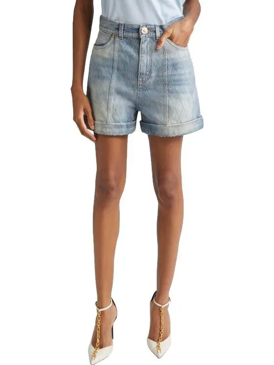 Balmain Quilted High-waist Denim Shorts - 6fc Lt Blue