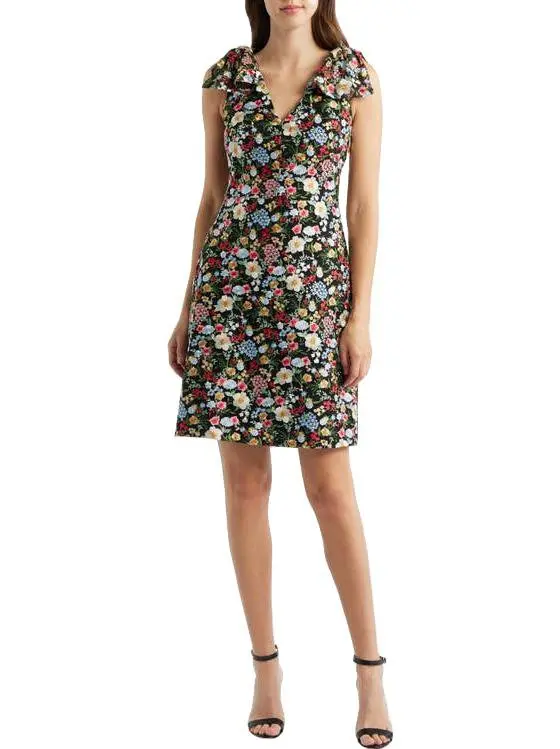 Eliza J Floral Embroidered Fit & Flare Dress - Black