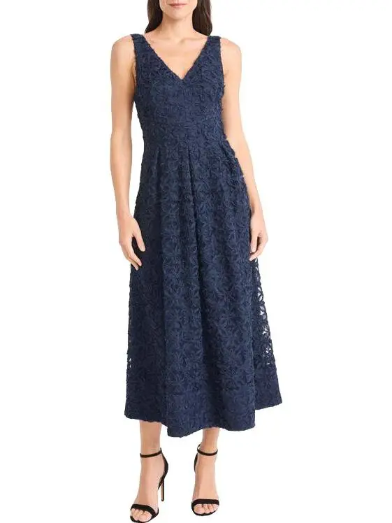 Maggy London Textured Floral Cocktail Midi Dress - Navy