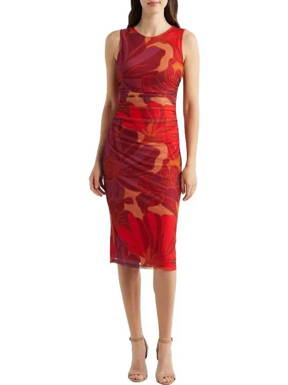 Vince Camuto Floral Mesh Body-con Midi Dress - Red Multi