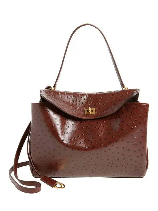 Balenciaga Rodeo Ostrich Embossed Leather Top Handle Bag - 2053 Chocolate
