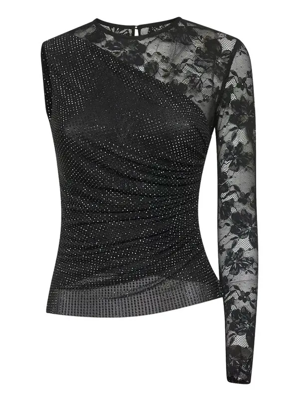 SELF-PORTRAIT Rhinestone-embellished Lace Top - Black