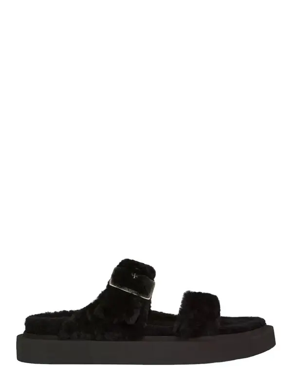GIUSEPPE ZANOTTI Furry Buckled Sheepskin Slides - Black