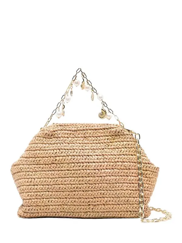 SELF-PORTRAIT Charm-detail Raffia Clutch - Neutrals