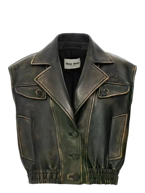 Miu Miu Leather Cropped Gilet - Brown