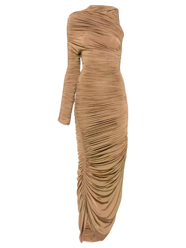 MUGLER Asymmetric Ruched Maxi Dress - Brown