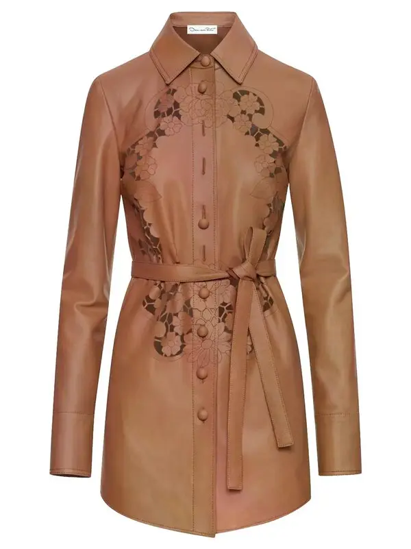 Oscar De La Renta Laser-cut Floral Leather Shirt Dress - Brown