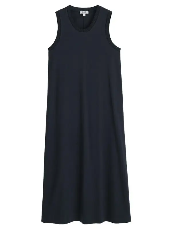 Cos Ruffled Cotton Midi Dress - Navy